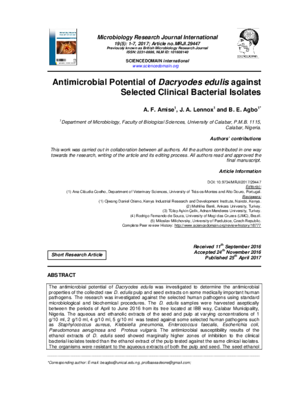 (PDF) Antimicrobial Potential of Dacryodes edulis against Selected ...