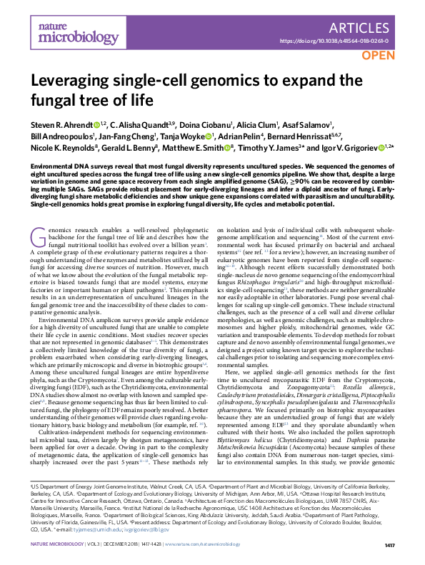 (PDF) Leveraging single-cell genomics to expand the fungal tree of life