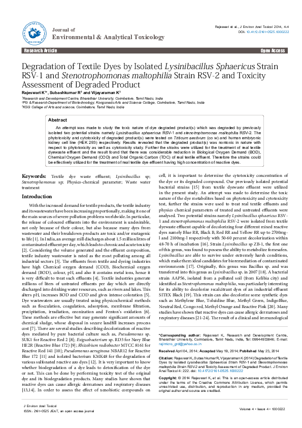 Degradation of Textile Dyes by Isolated Lysinibacillus Sphaericus Strain RSV-1 and ...
