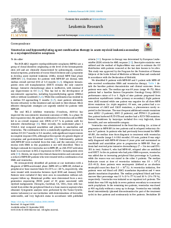 (PDF) Venetoclax and hypomethylating agent combination therapy in acute myeloid leukemia ...