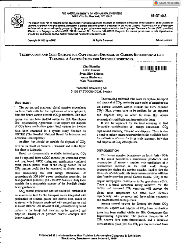 (PDF) Technology and Cost Options for Capture and Disposal of Carbon Dioxide From Gas Turbines ...