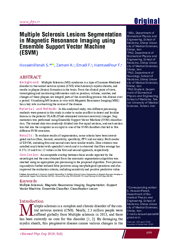 Pdf Segmentation Of Multiple Sclerosis Lesions Using Support Vector
