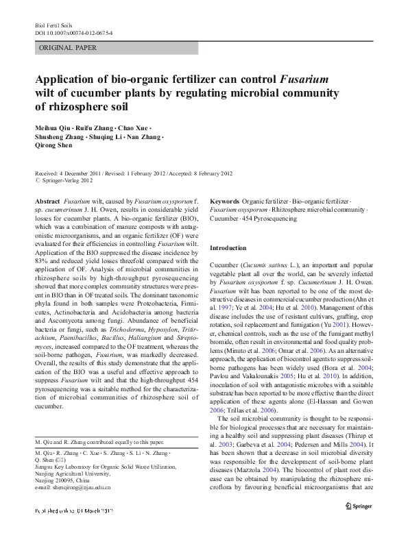 (PDF) Application of bio-organic fertilizer can control Fusarium wilt of cucumber plants by ...