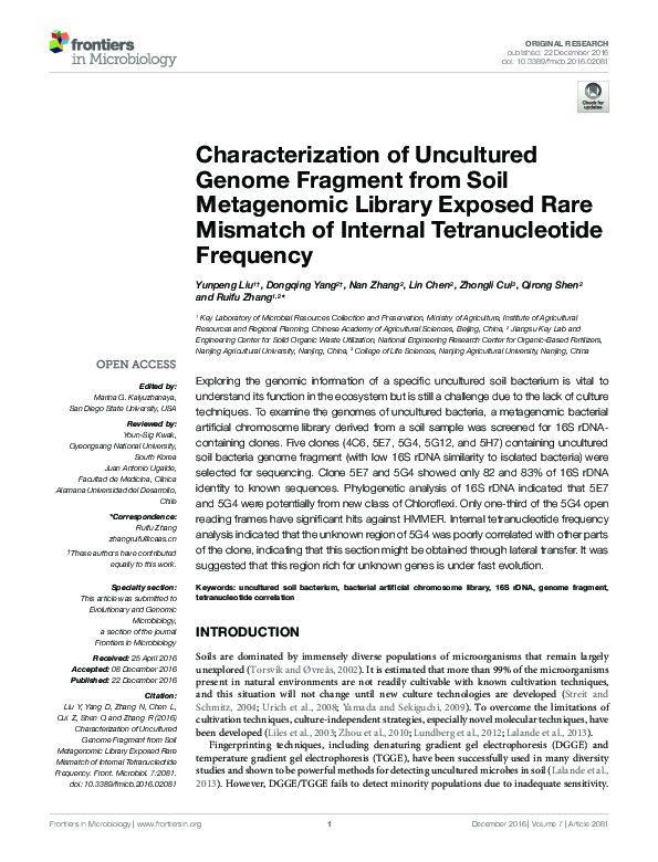 (PDF) Characterization of Uncultured Genome Fragment from Soil Metagenomic Library Exposed Rare ...