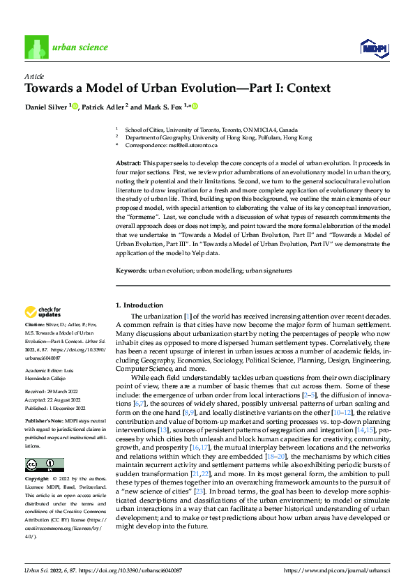 (PDF) Towards a Model of Urban Evolution-Part I: Context