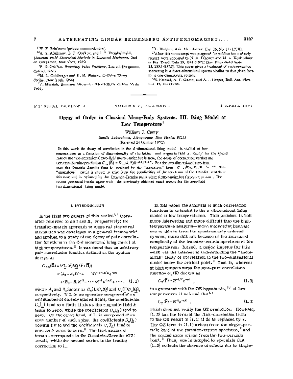 (PDF) Decay of Order in Classical Many-Body Systems. III. Ising Model ...