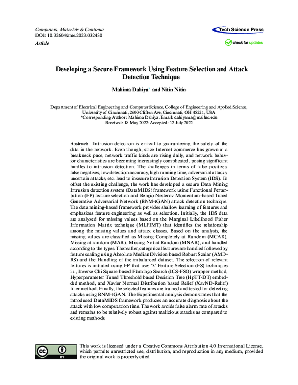 Pdf Developing A Secure Framework Using Feature Selection And Attack Detection燭echnique