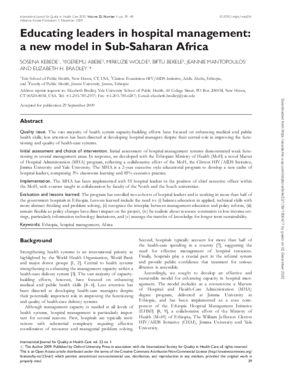 (PDF) Educating leaders in hospital management: a new model in Sub ...