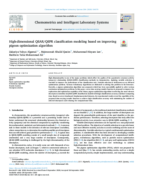 (PDF) High-dimensional QSAR/QSPR classification modeling based on improving pigeon optimization ...