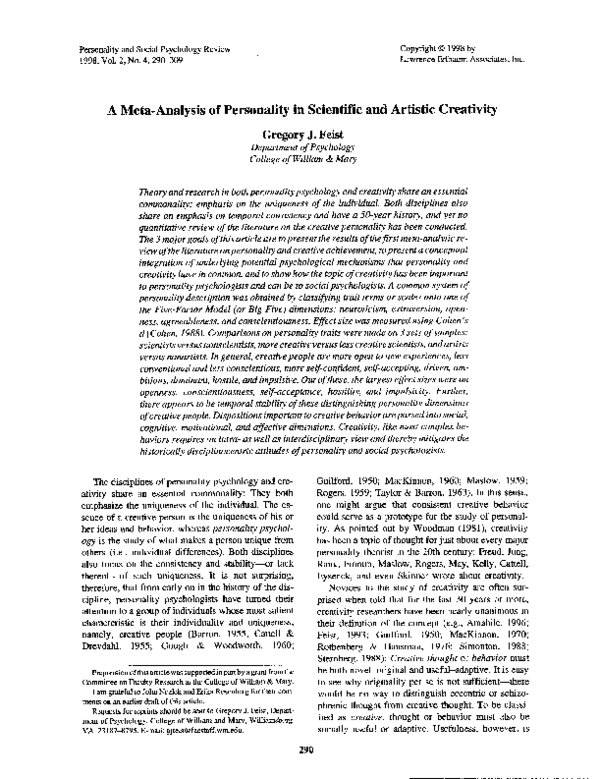 (PDF) A Meta-Analysis of Personality in Scientific and Artistic Creativity