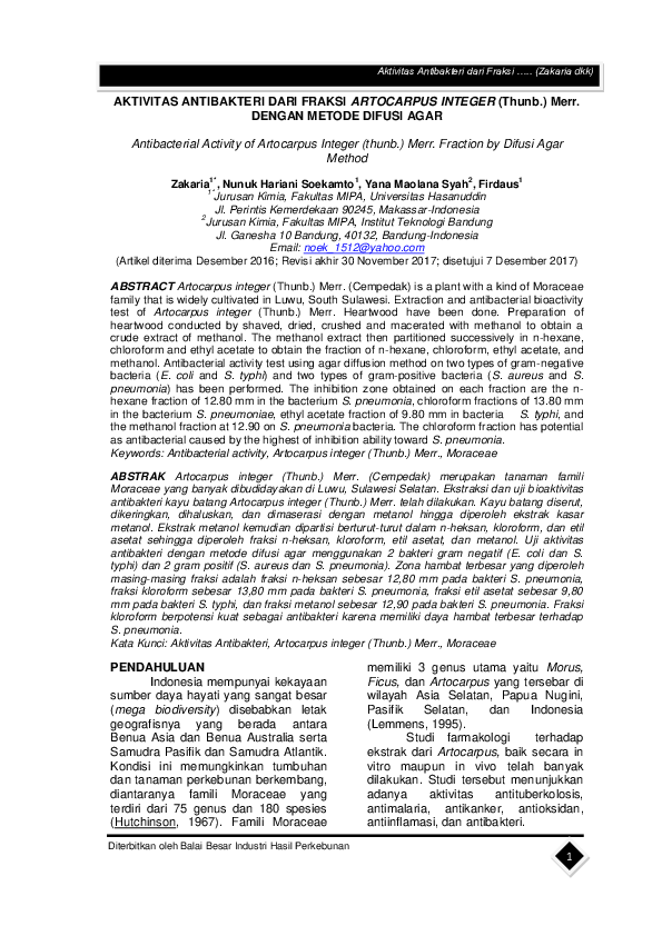 (PDF) AKTIVITAS ANTIBAKTERI DARI FRAKSI ARTOCARPUS INTEGER (Thunb ...
