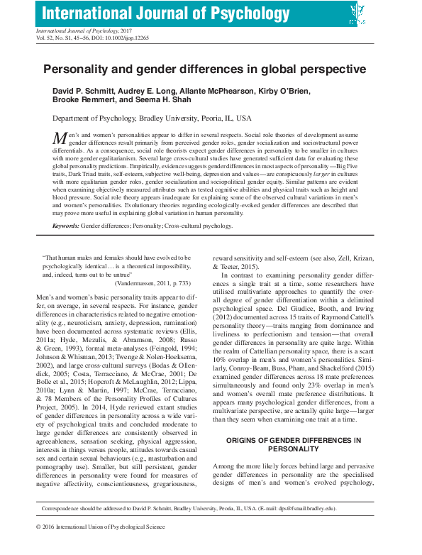 (PDF) Personality and gender differences in global perspective