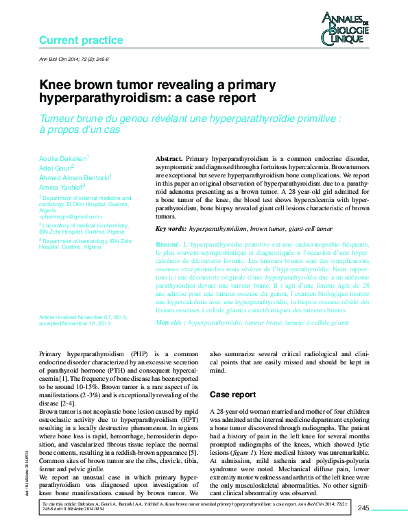 (PDF) Knee brown tumor revealing a primary hyperparathyroidism: a case ...