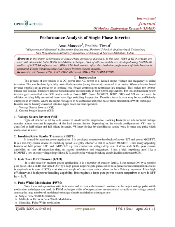 Pdf Performance Analysis Of Single Phase Inverter