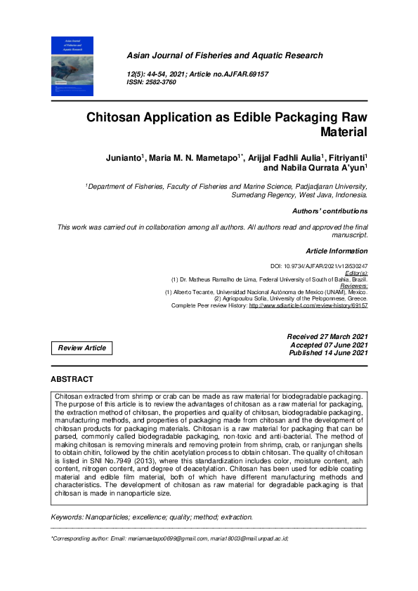 (PDF) Chitosan Application as Edible Packaging Raw Material