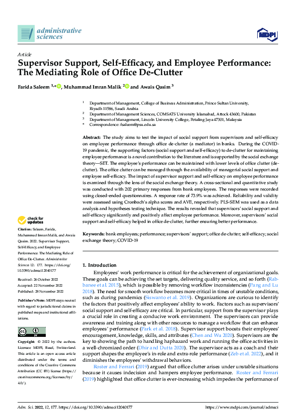 (PDF) Supervisor Support, Self-Efficacy, and Employee Performance: The ...