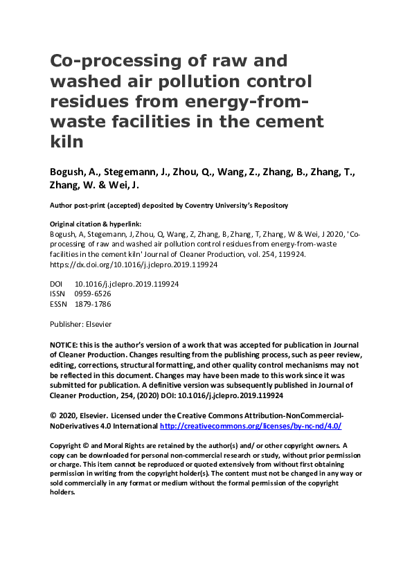 (PDF) Co-processing of raw and washed air pollution control residues ...