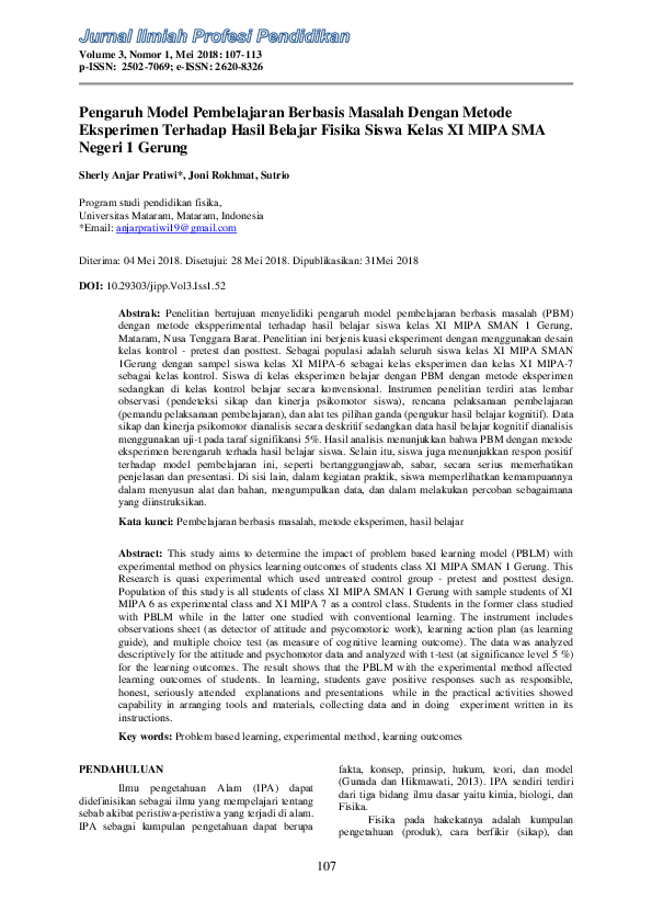 (PDF) Pengaruh Model Pembelajaran Berbasis Masalah Dengan Metode Eksperimen Terhadap Hasil ...