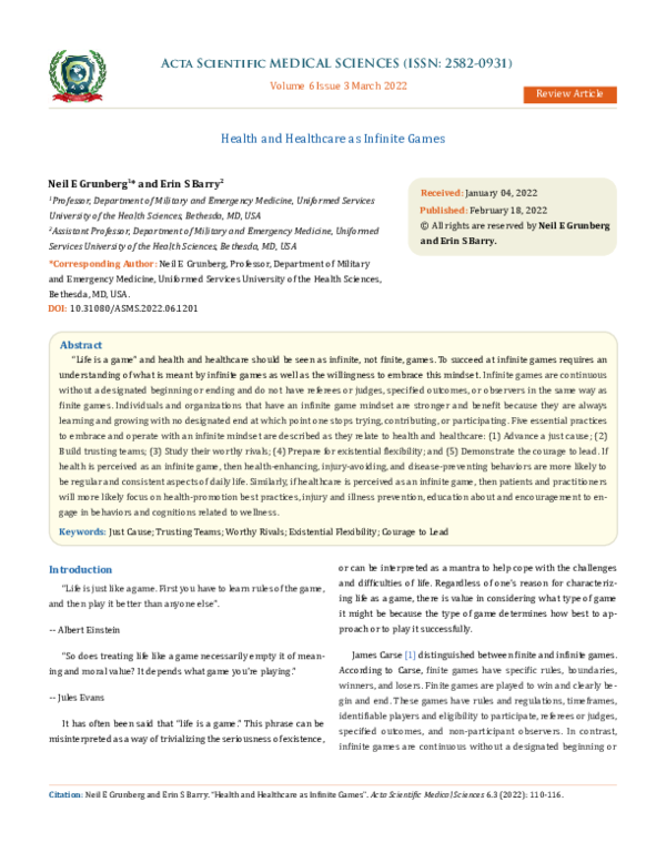 (PDF) Health and Healthcare as Infinite Games
