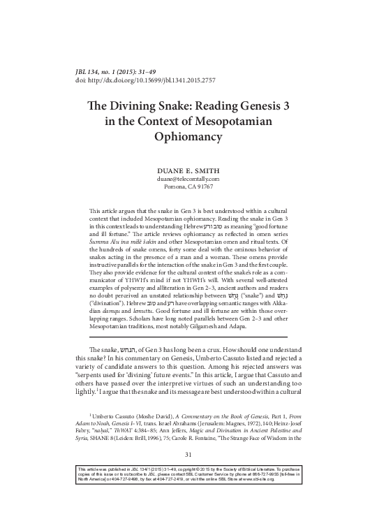(PDF) The Divining Snake: Reading Genesis 3 in the Context of ...