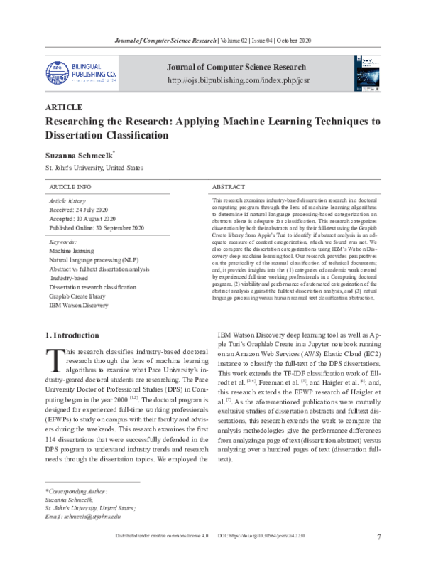 (PDF) Researching the Research: Applying Machine Learning Techniques to Dissertation Classification