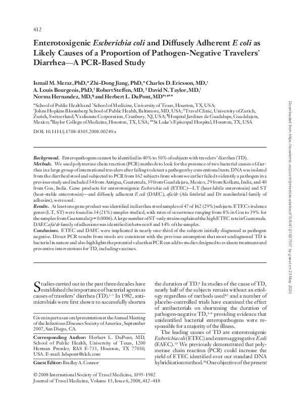 Pdf Enterotoxigenic Escherichia Coli And Diffusely Adherent E Coli As Likely Causes Of A
