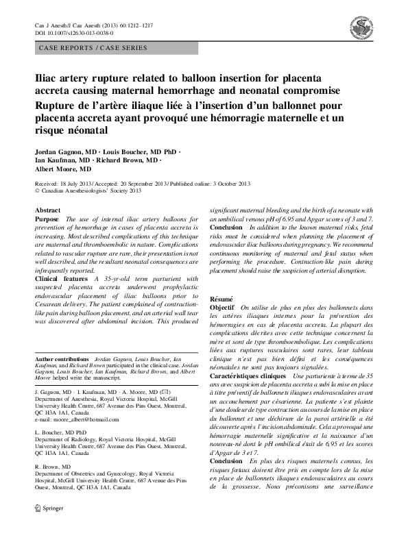 (PDF) Iliac artery rupture related to balloon insertion for placenta ...
