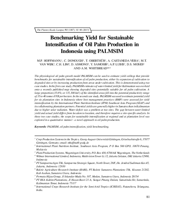 (PDF) Oil Palm Yield Benchmarking with PALMSIM