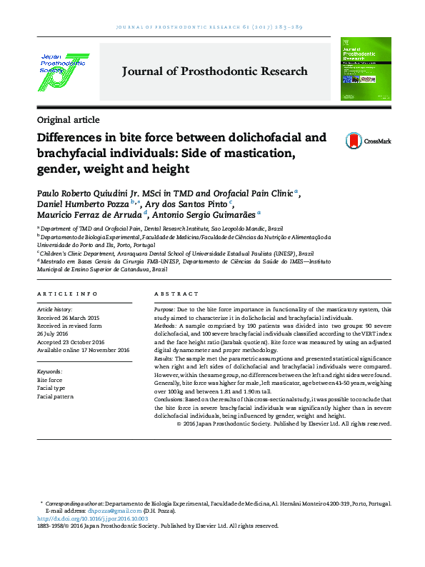 (PDF) Differences in bite force between dolichofacial and brachyfacial ...