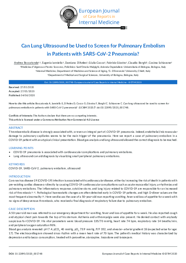 (PDF) Can Lung Ultrasound be Used to Screen for Pulmonary Embolism in ...