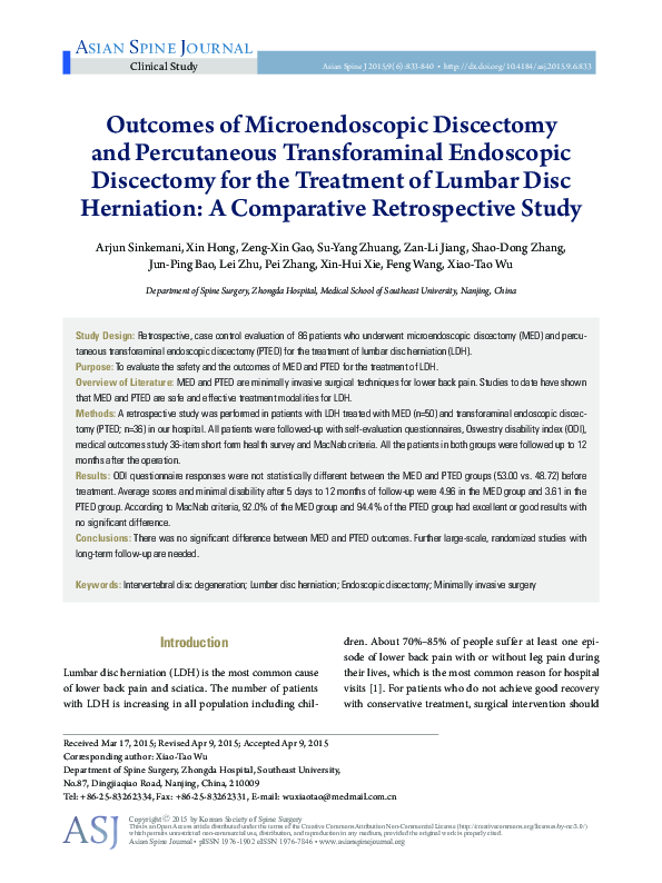 (PDF) Outcomes of Microendoscopic Discectomy and Percutaneous ...