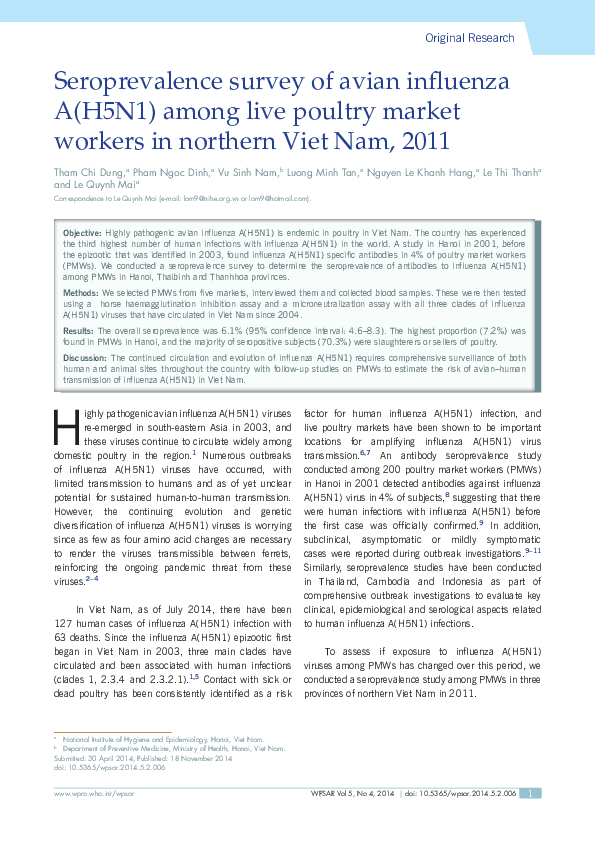 (PDF) Seroprevalence survey of avian influenza A(H5N1) among live ...