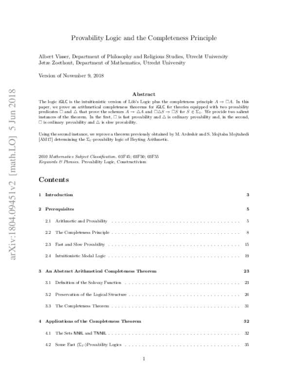 (PDF) Provability Logic and the Completeness Principle | albert visser - Academia.edu