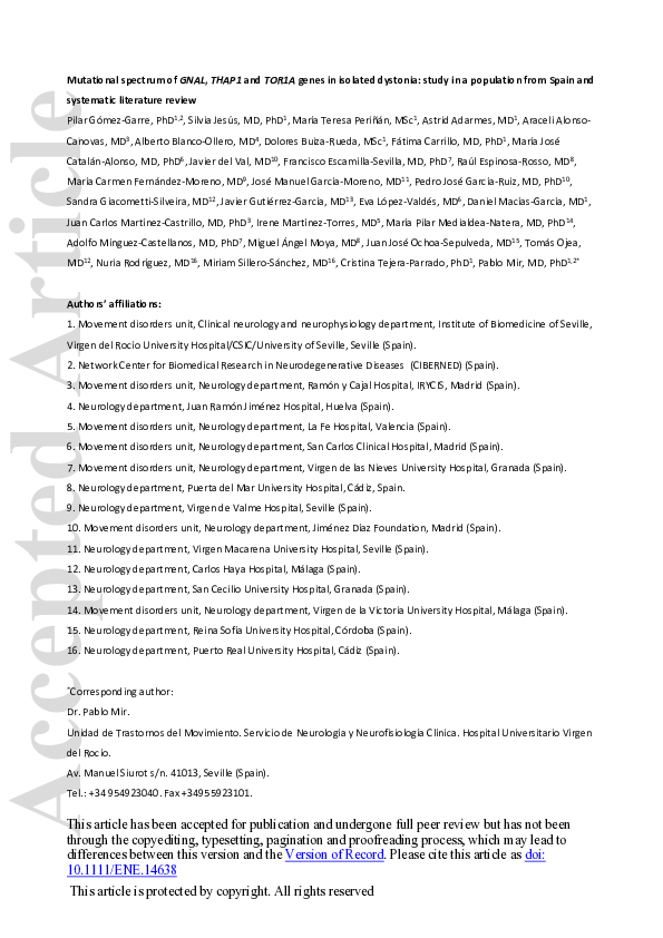 (PDF) Mutational spectrum of GNAL , THAP1 and TOR1A genes in isolated ...