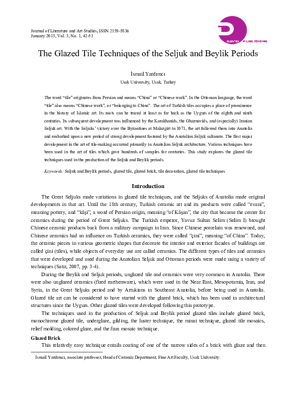 (PDF) The Glazed Tile Techniques of the Seljuk and Beylik Periods