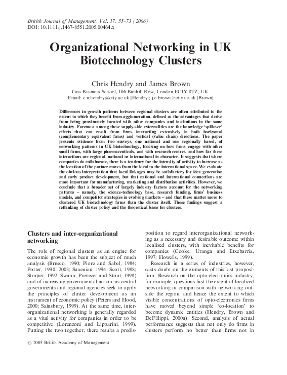 (PDF) Organizational Networking in UK Biotechnology Clusters