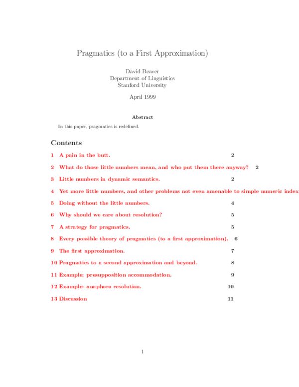 (PDF) Pragmatics (to a first approximation)