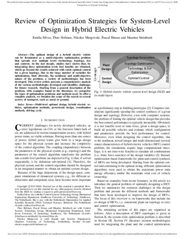 (PDF) Review of Optimization Strategies for System-Level Design in Hybrid Electric Vehicles