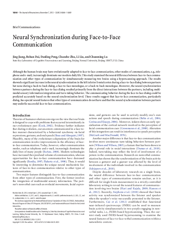 (PDF) Neural Synchronization during Face-to-Face Communication