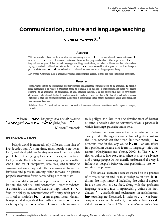 (PDF) Communication, culture and language teaching