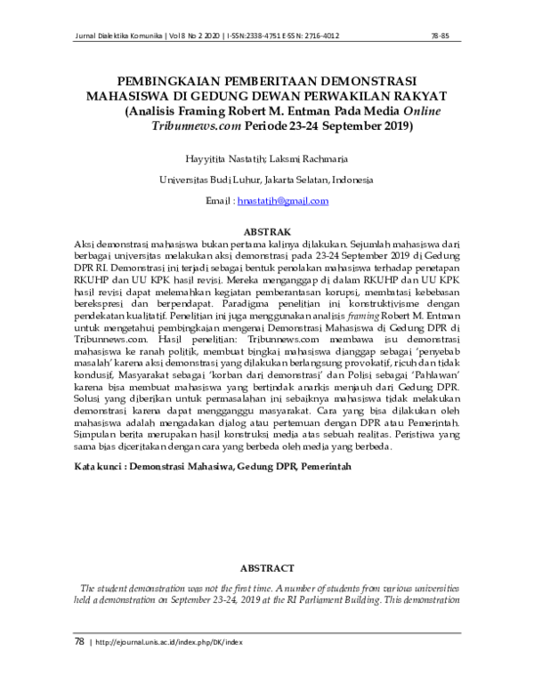 (PDF) PEMBINGKAIAN PEMBERITAAN DEMONSTRASI MAHASISWA DI GEDUNG DEWAN ...