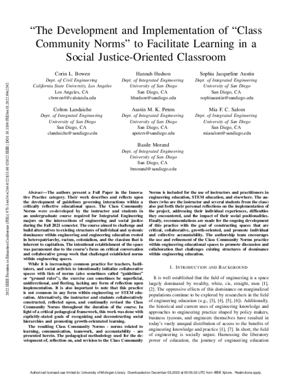 (PDF) The Development and Implementation of "Class Community Norms" to ...