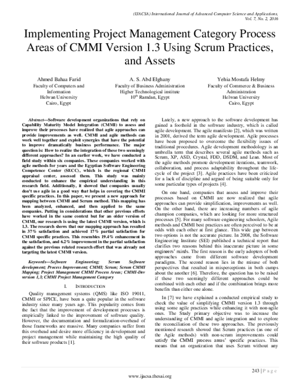 (PDF) Implementing Project Management Category Process Areas of CMMI Version 1.3 Using Scrum ...