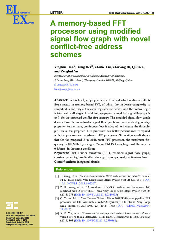 Pdf A Memory Based Fft Processor Using Modified Signal Flow Graph With Novel Conflict Free