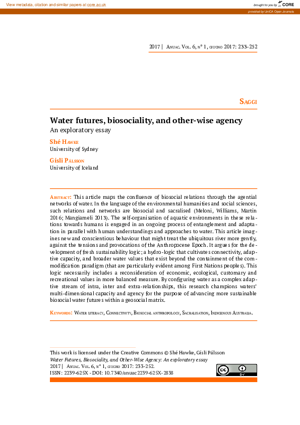 (PDF) Water futures, biosociality, and other-wise agency: An ...