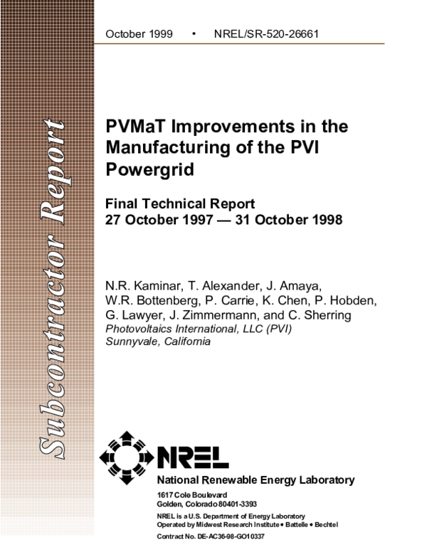 (PDF) PVMaT improvements in the manufacturing of the PVI Powergrid{trademark}: Final technical ...