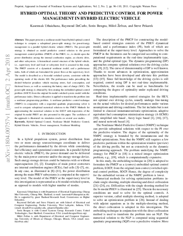 Pdf Hybrid Optimal Theory And Predictive Control For Power Management