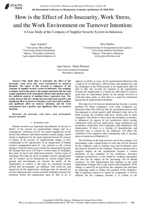 (PDF) How is the Effect of Job Insecurity, Work Stress, and the Work Environment on Turnover ...