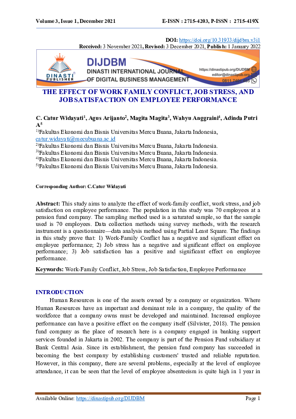 (PDF) The Effect of Work Family Conflict, Job Stress, and Job Satisfaction on Employee ...