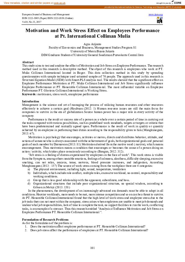(PDF) Motivation and Work Stress Effect on Employees Performance at Pt. International Colliman Mulia